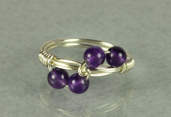 Sterling Silver Wire Wrap Ring With Purple Amethyst Beads- Wave Design ...