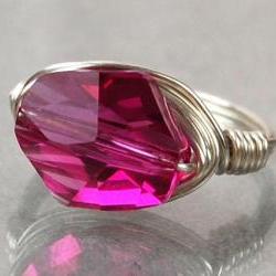 Sterling Silver Wire Wrapped Ring With Fuchsia Swarovski Crystal ...