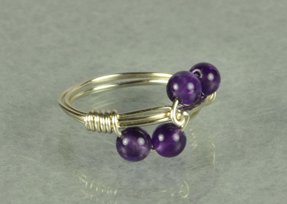 Sterling Silver Wire Wrap Ring With Purple Amethyst Beads- Wave Design ...