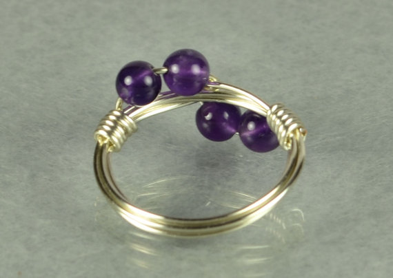 Sterling Silver Wire Wrap Ring With Purple Amethyst Beads- Wave Design ...